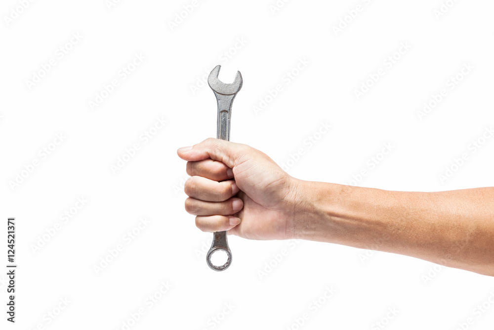hand holding a wrench tools, spanners in a man hand on white ba Stock ...