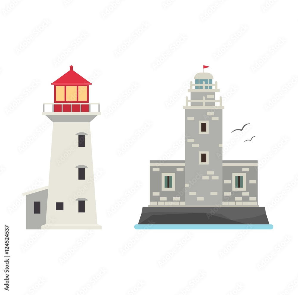 Vector set of cartoon flat lighthouses. Stock Vector | Adobe Stock