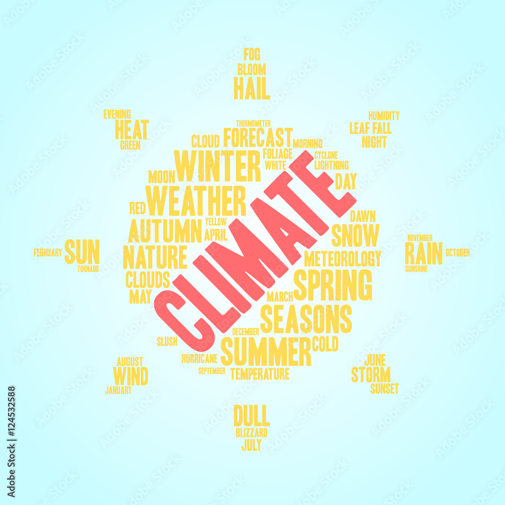 Climate word cloud in shape of sun. Weather concept. Blue background ...