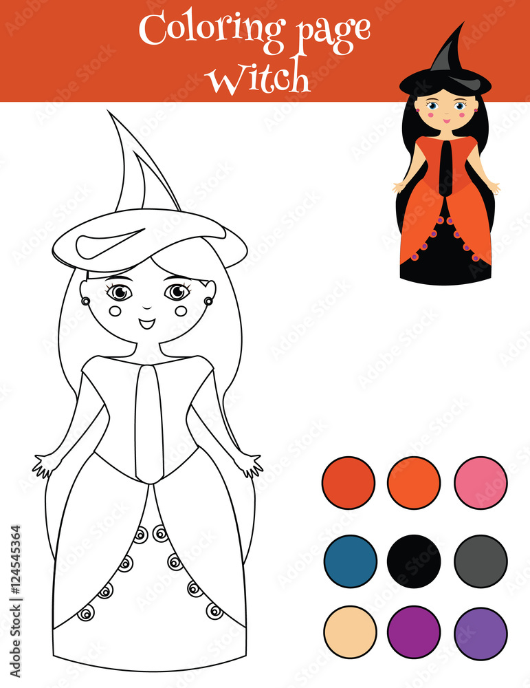 Coloring page with girl in halloween witch costume. Educational game ...