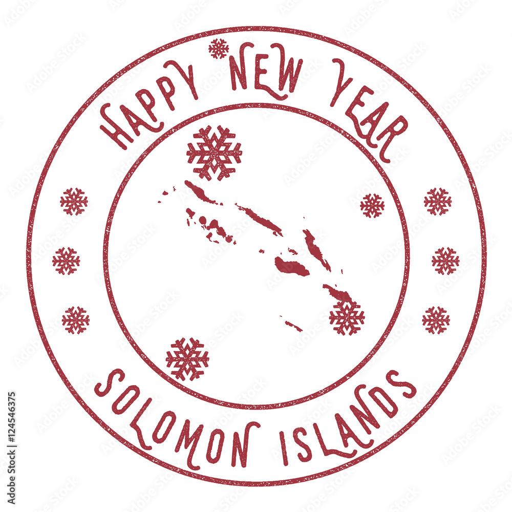 Retro Happy New Year Solomon Islands Stamp. Stylised rubber stamp with ...