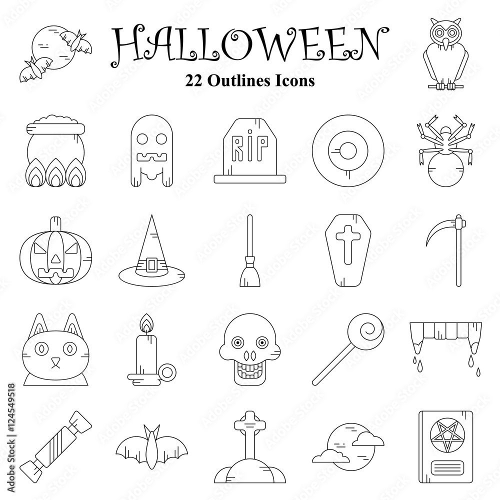 Vecteur Stock Set of vector flat design Halloween Outlines icons ...