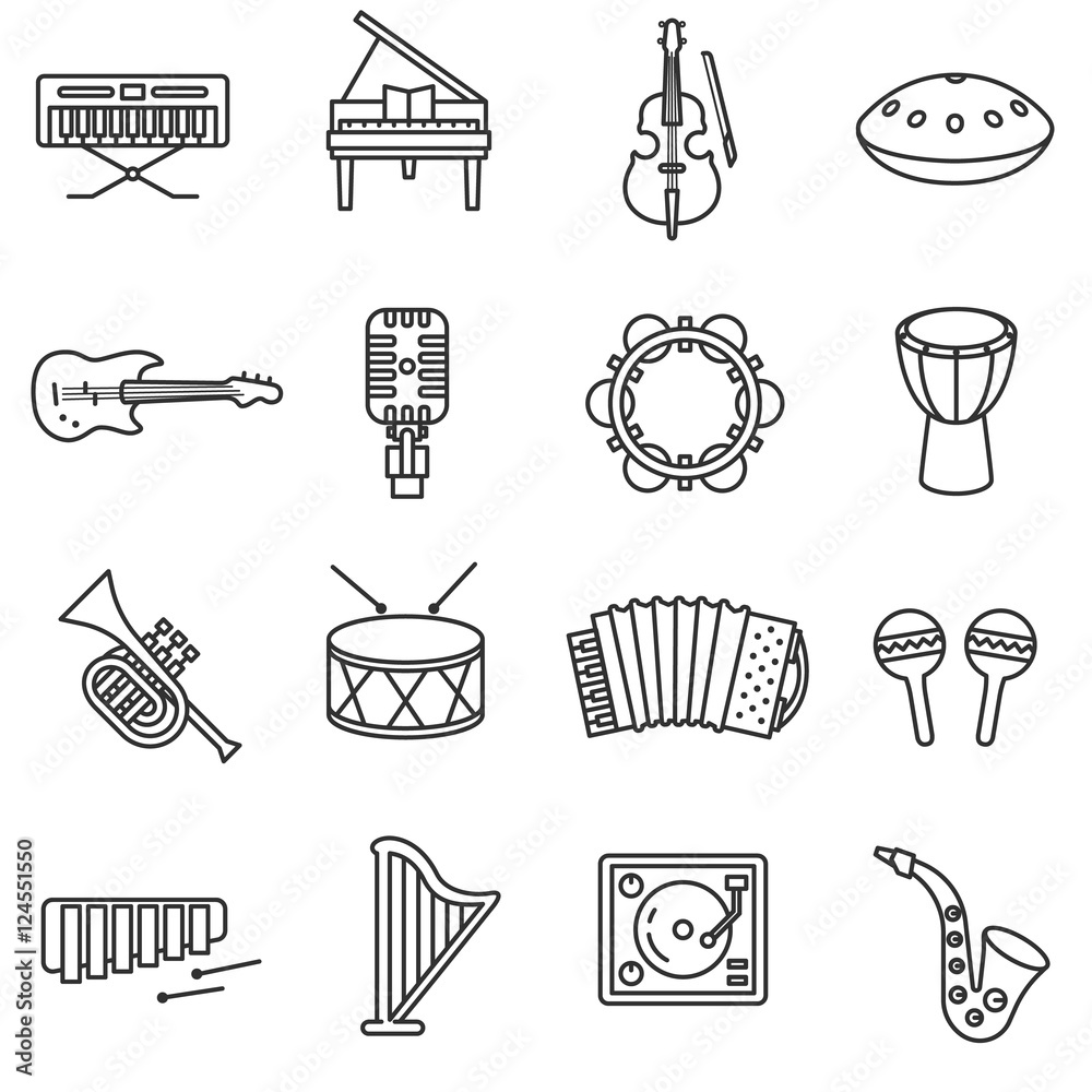 Musical instruments icons set. Various devices for music linear symbols ...