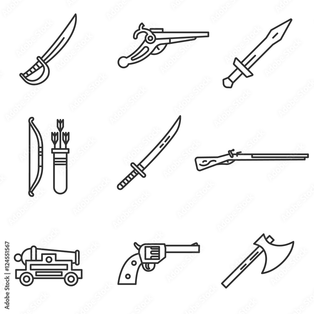 ancient weapons icons set. old firearms and edged weapons linear ...