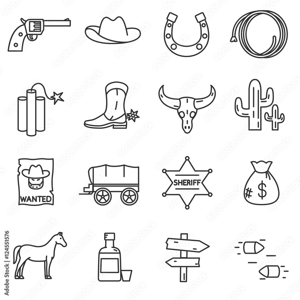 Wild West icons set. elements of the wild west, thin line design ... Wild West icons set. elements of the wild west, thin line design ...