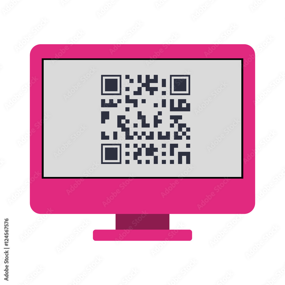 pink monitor computer device with QR code on screen. vector ...