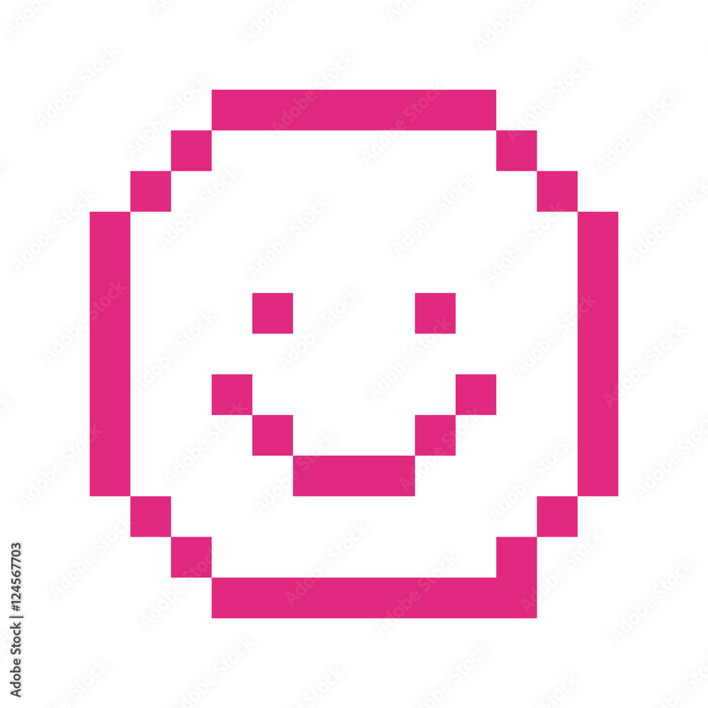 pink pixel happy face emoticon icon over white background. vector ...
