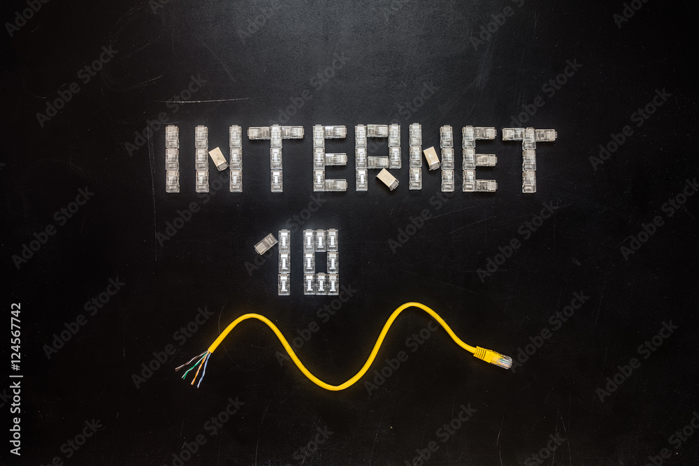 Word "Internet" and numeral "10", made of connectors RJ45 and yellow ...
