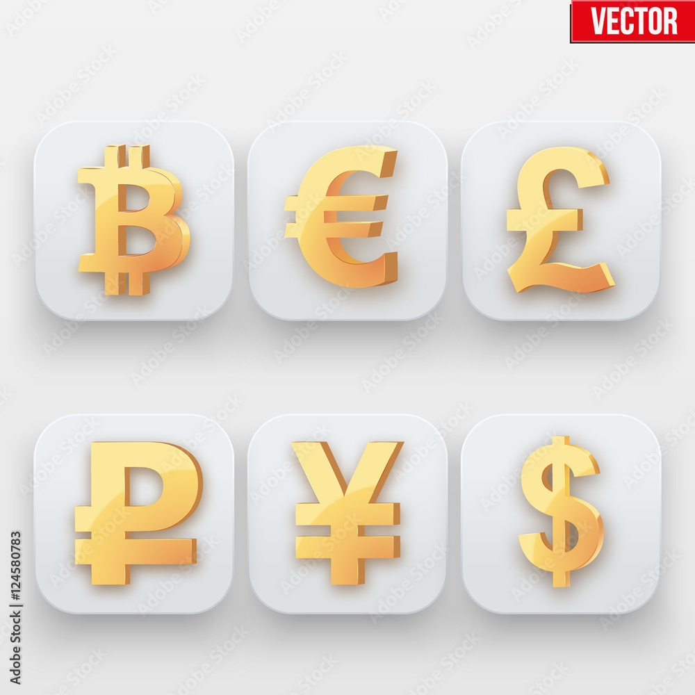 Money luxury icon. Major Currencies Gold Symbol on light backdrop with ...