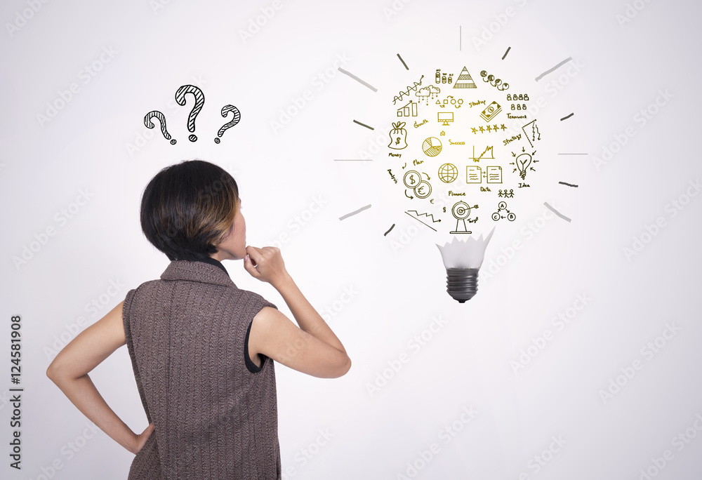 thinking business women with question mark and idea lightbulb for ...