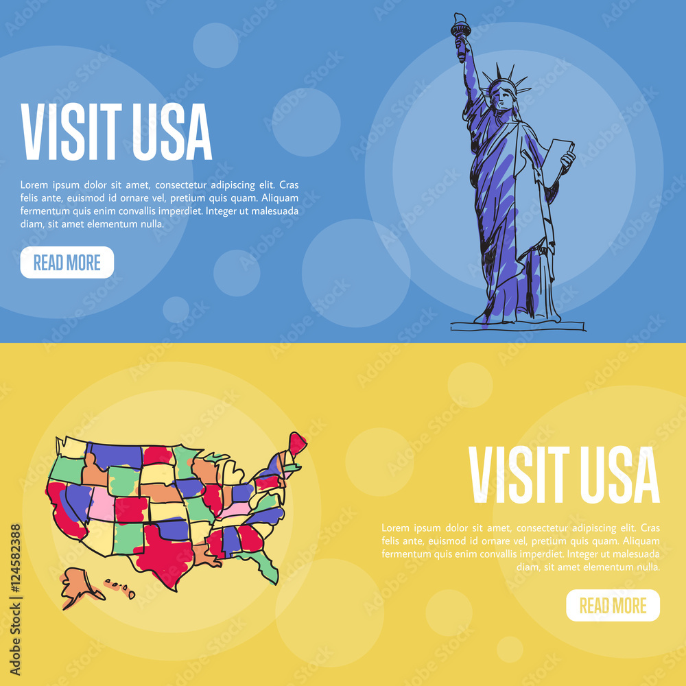Visit USA banners. Statue of Liberty, United States borders map hand ...