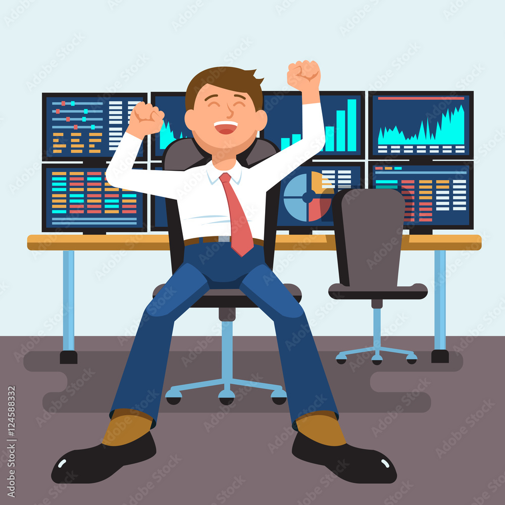 Vector illustration successful businessman young trader with hands raised sitting at trader desk ...