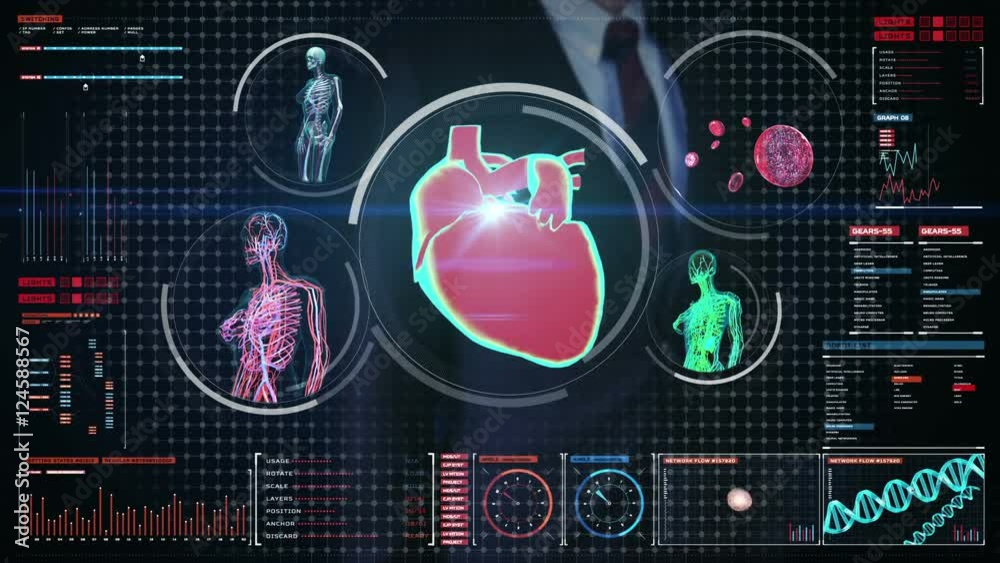 Businessman touching digital screen, Female body scanning blood vessel ...