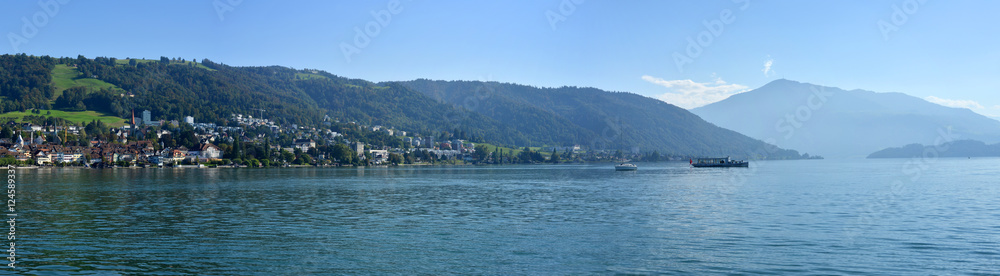Panorama with lake and the town Zug and mount Rigi in Switzerland Stock ...