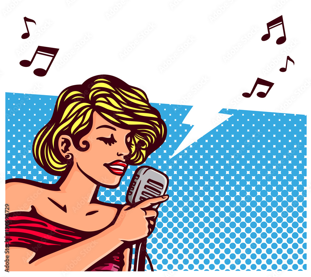 cute pop art blond female singer girl singing with vintage microphone ...