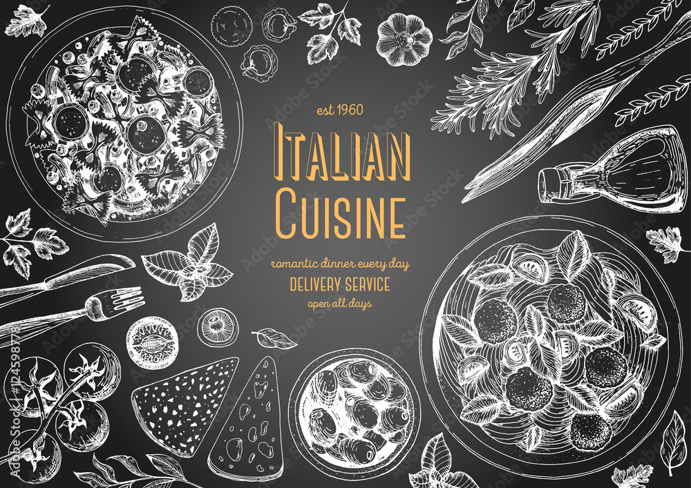 Italian cuisine top view chalkboard frame. Italian food menu design ...