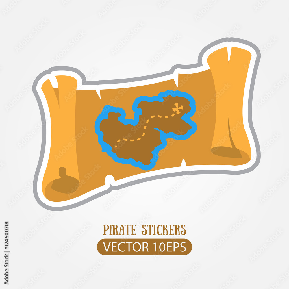 Map of the island with buried treasure. Vector stickers on the pirate ...