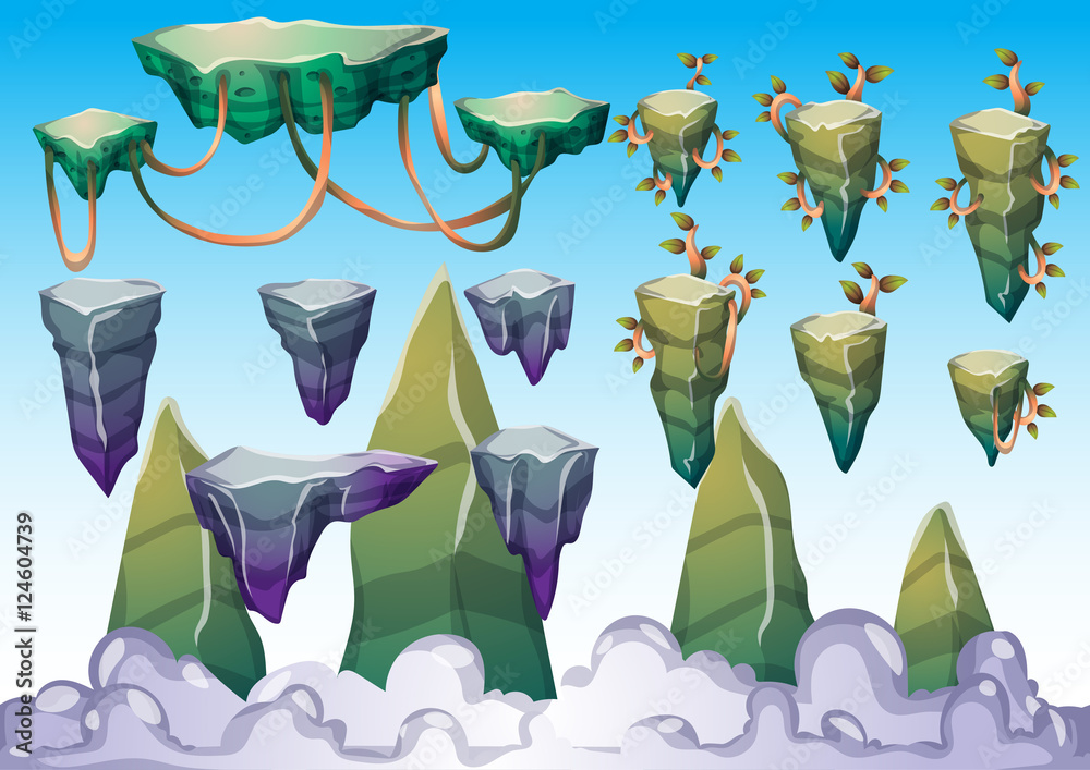 cartoon vector floating island object with separated layers for game ...