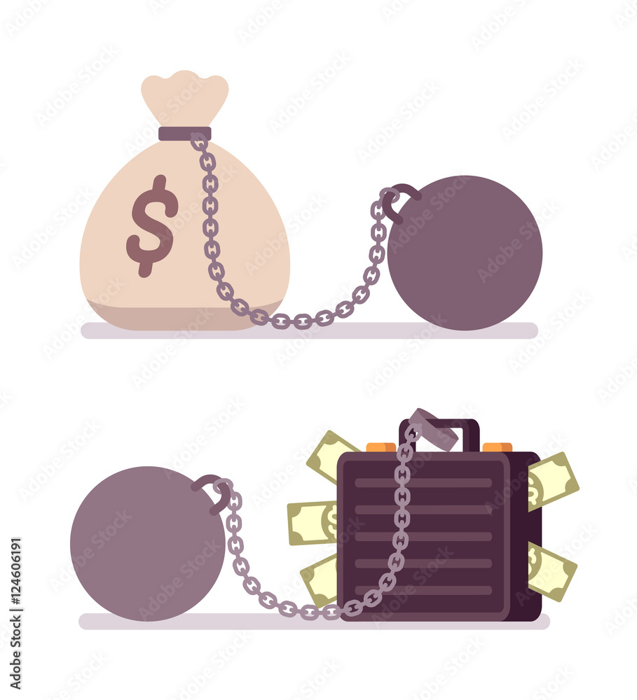 Case full of money and money sack on a metal chain with weight. Cartoon ...