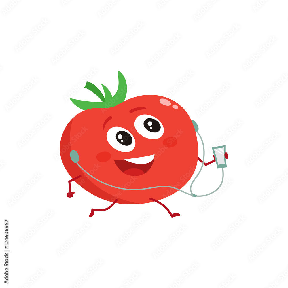 Ripe red running tomato with music player and earphones, cartoon vector ...