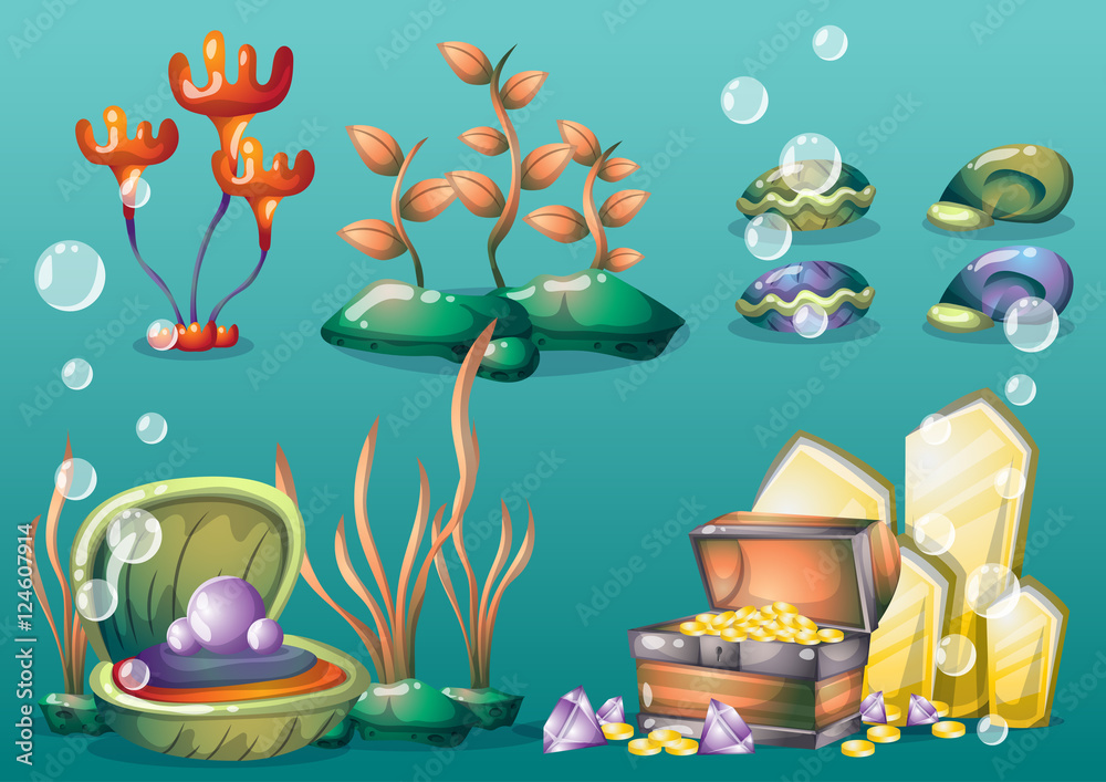 cartoon vector underwater objects with separated layers for game art ...