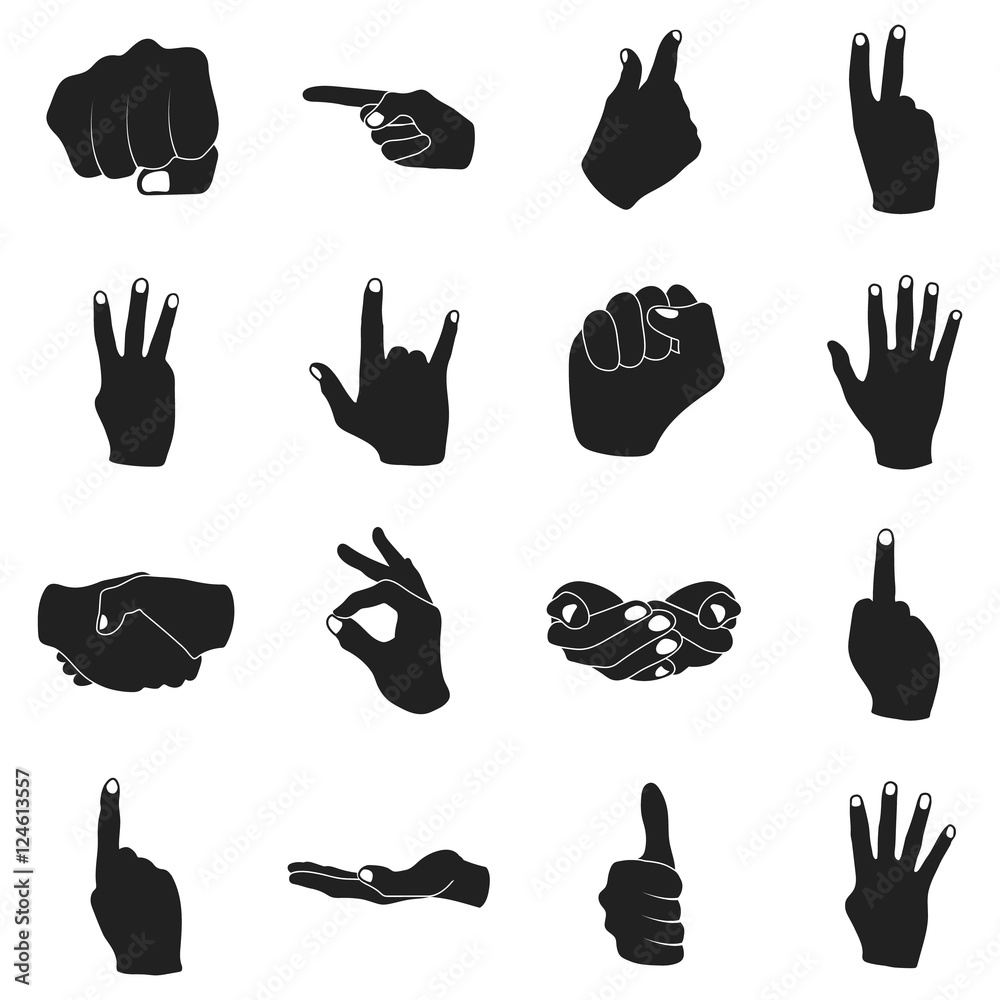 Hand gestures set icons in black style. Big collection hand gestures ...