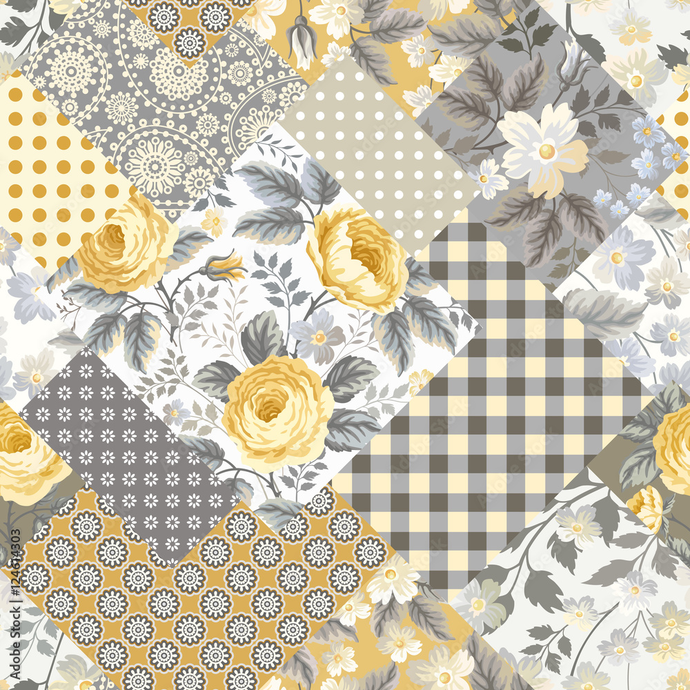 seamless patchwork floral pattern with yellow roses Stock Vector ...