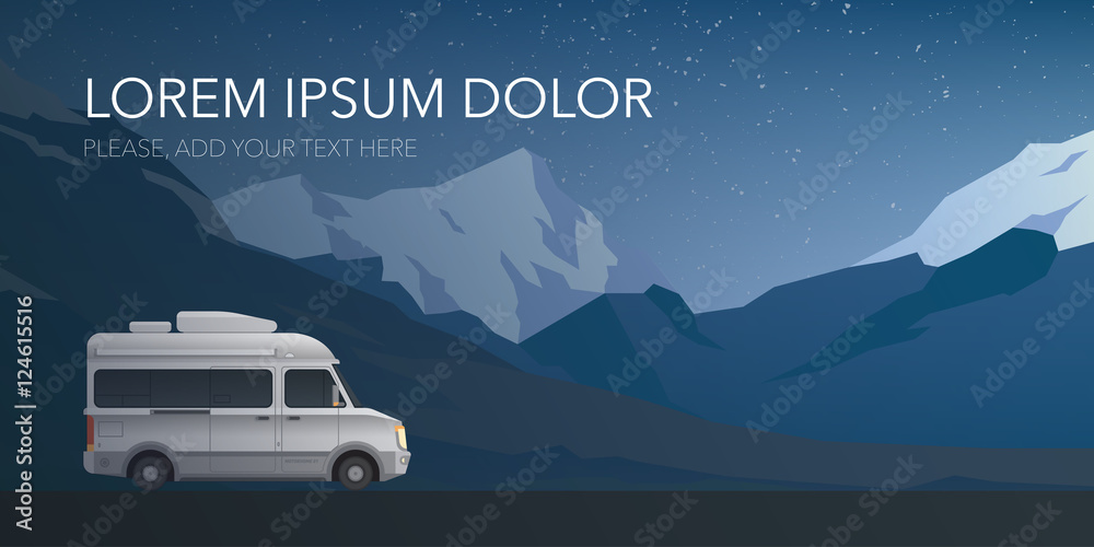 Beautiful mountain landscape web banner with modern small size camper ...