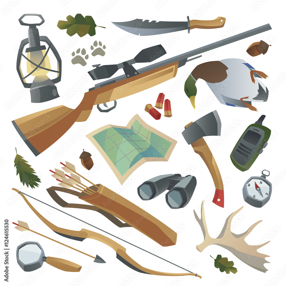 Big hunters stuff set. Weapon, rifle, bow, arrows, binoculars ...