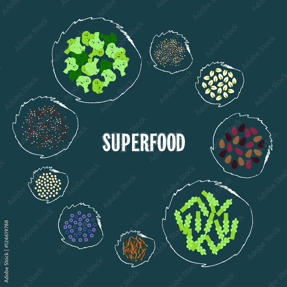 Super food Vector illustration Set of super food products, berries ...
