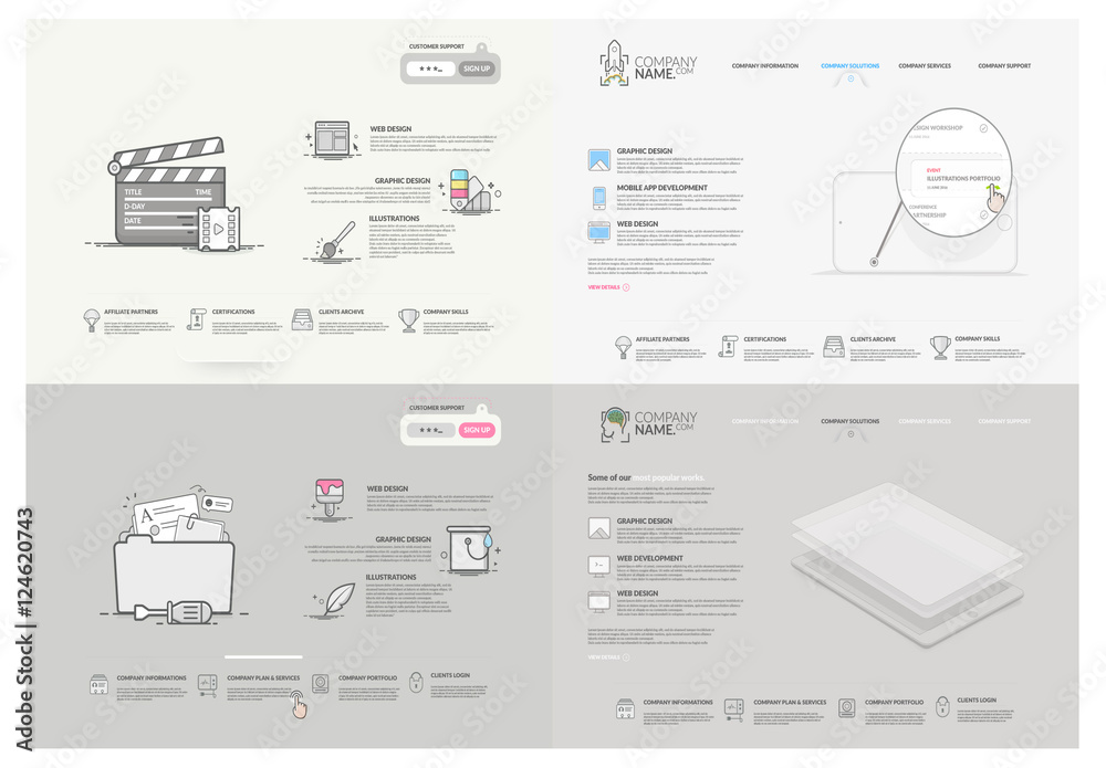 Grayscale Multimedia Website Layout with Cartoon Style Design Elements ...