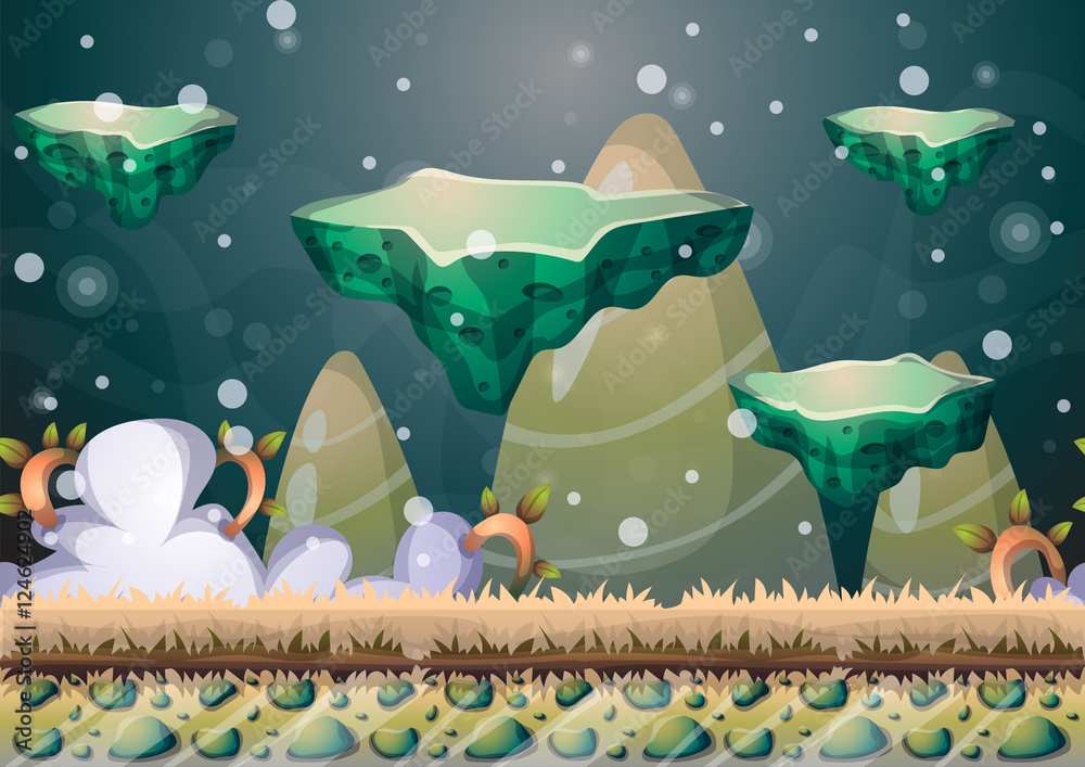 cartoon vector floating island background with separated layers for ...