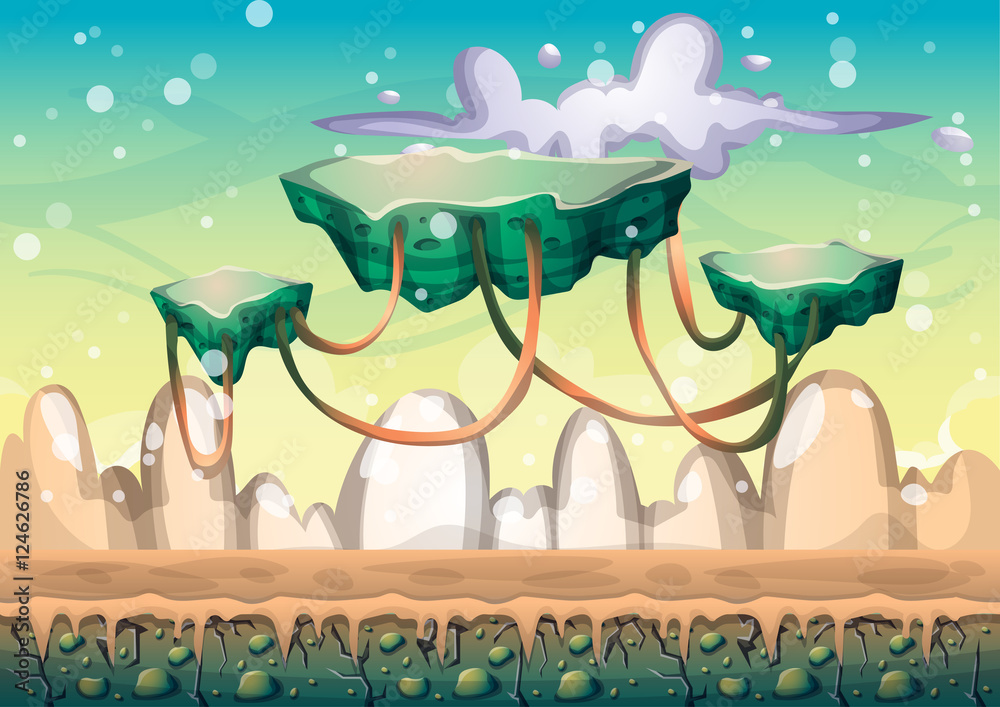 cartoon vector floating island background with separated layers for ...