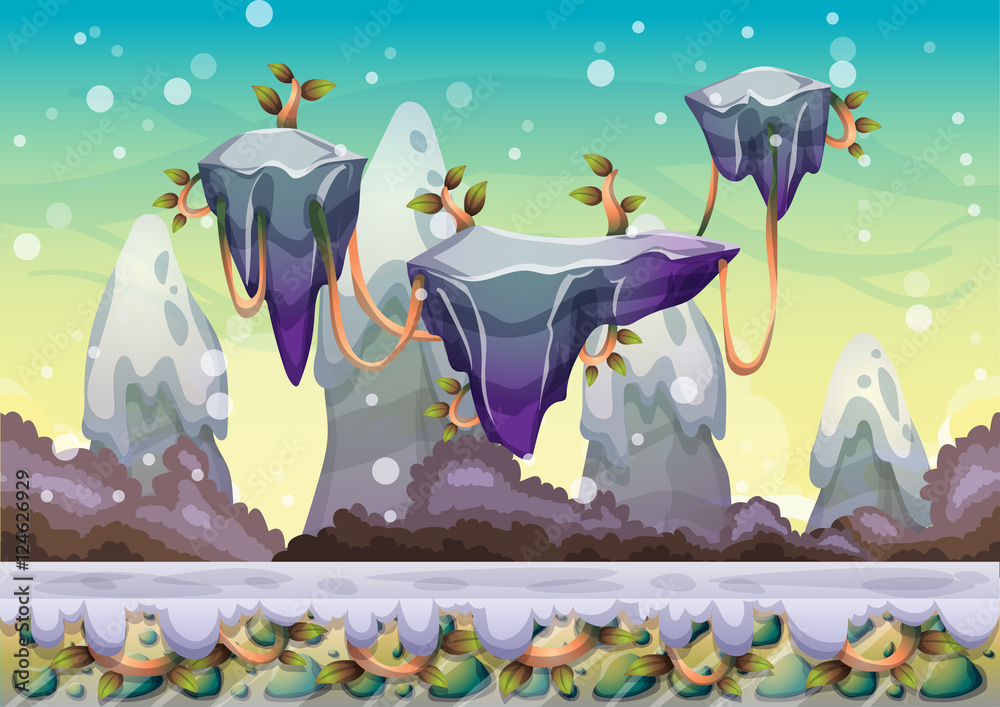 cartoon vector floating island background with separated layers for ...