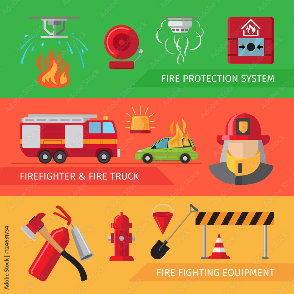 Firefighters flat horizontal banners for webpage infographics. Vector ...