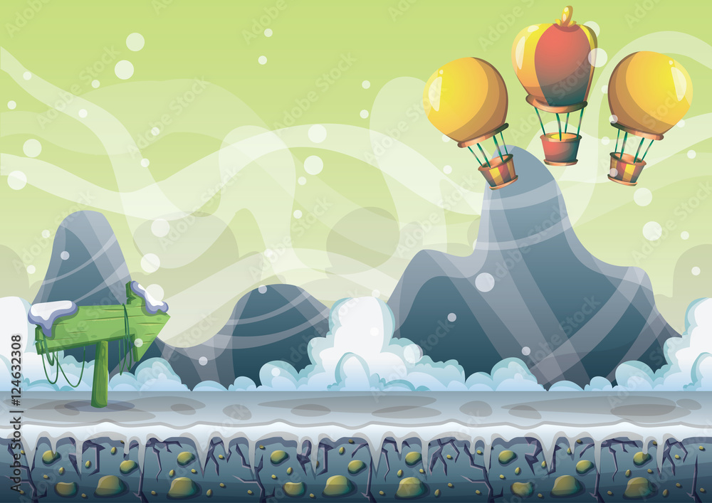 cartoon vector snow landscape background with separated layers for game ...