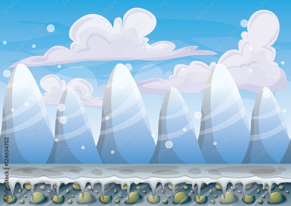 cartoon vector snow landscape background with separated layers for game ...