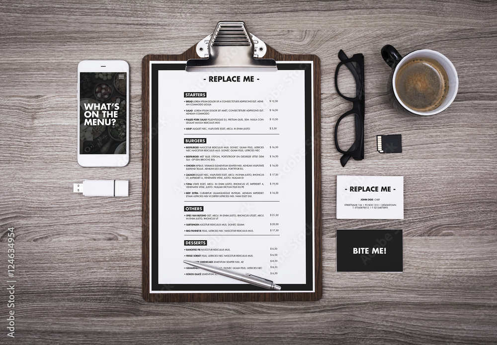 Menu Mockup on Table with Devices and Coffee Cup Stock Template | Adobe ...