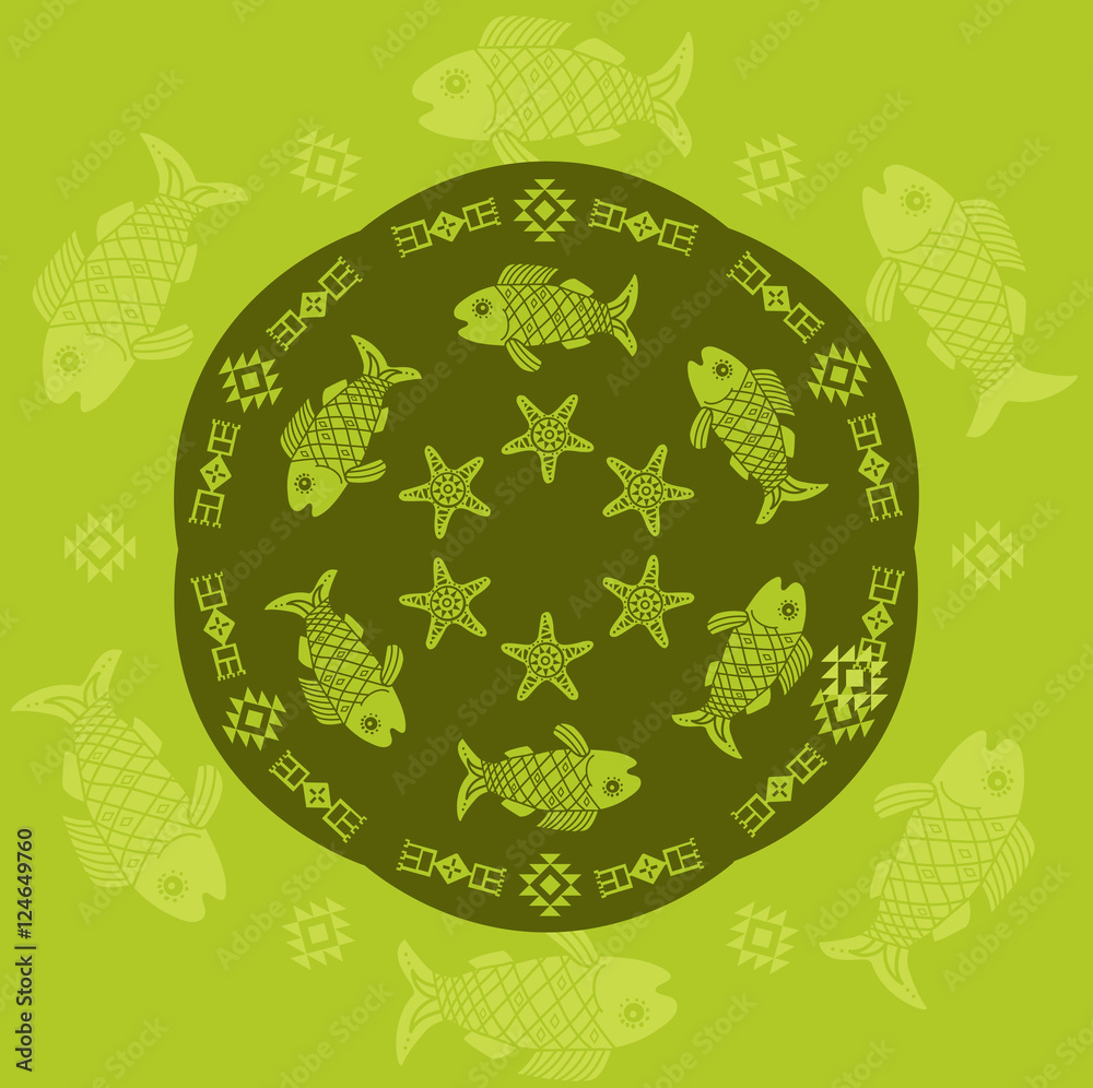 Ornamental Fish Vector Pattern In Circle. Ethnic Background With ...