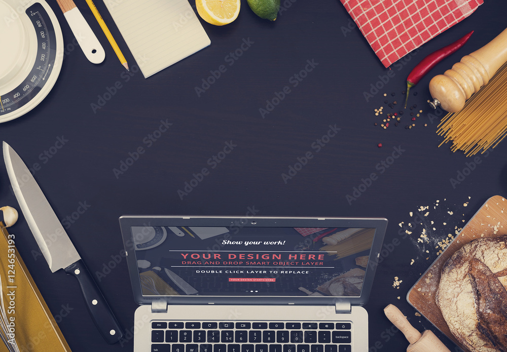Laptop on Kitchen Counter with Food and Utensils Mockup 2 Stock ...