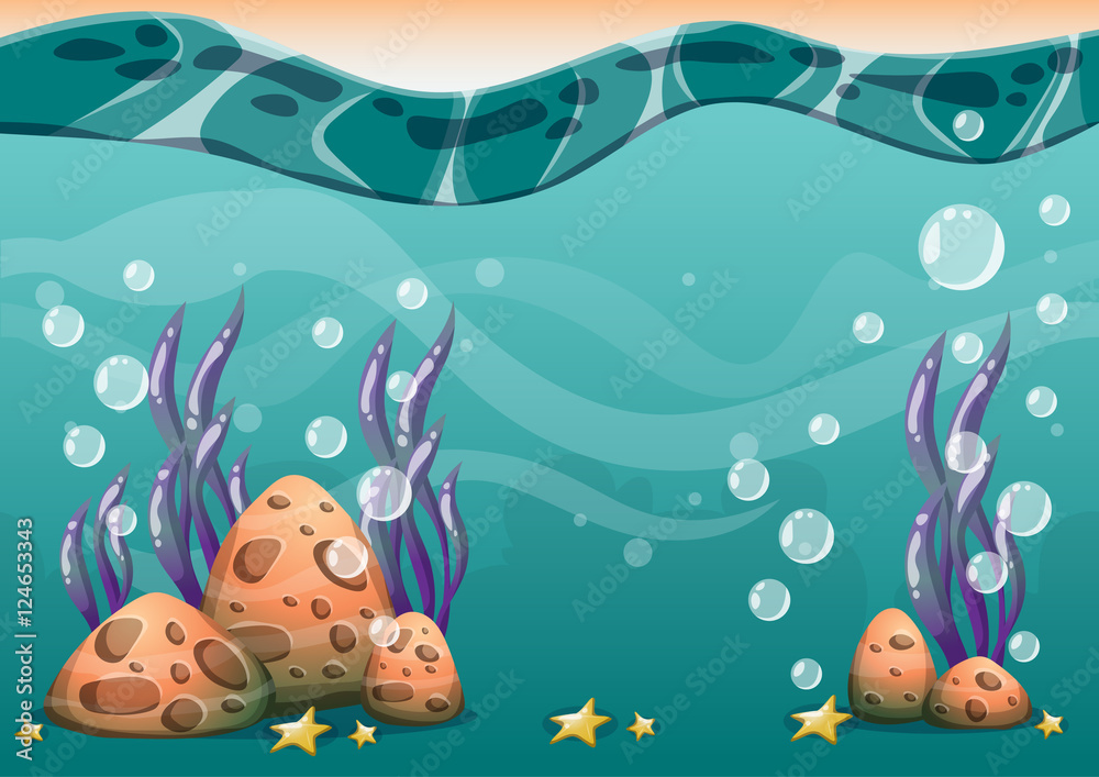 cartoon vector underwater background with separated layers for game art ...