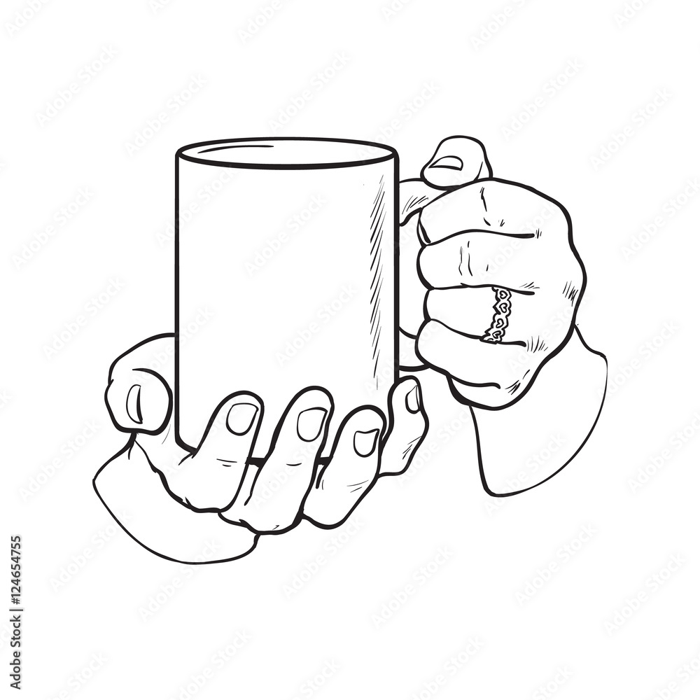 well groomed female hand holding a cup with tea or coffee, sketch style ...
