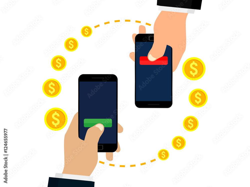 Mobile money transfer. Sending and receiving money. Isolated on white ...