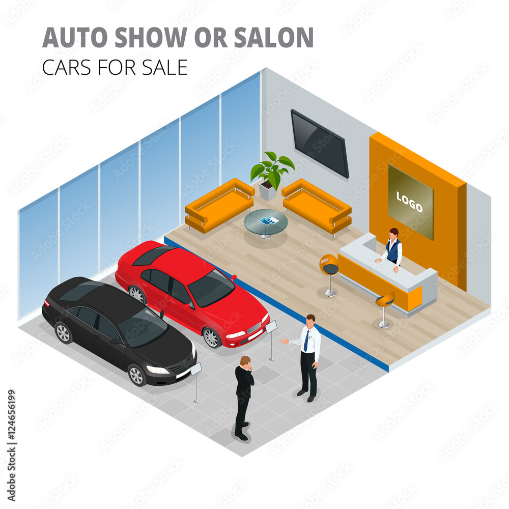 Commercially colorful cars stand in car shop. Vector 3d flat isometric ...