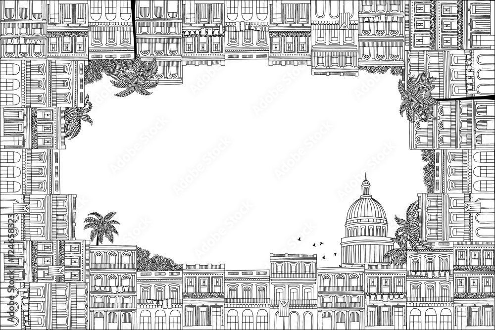 Greeting card frame with hand drawn Cuban houses of Havana Stock Vector ...
