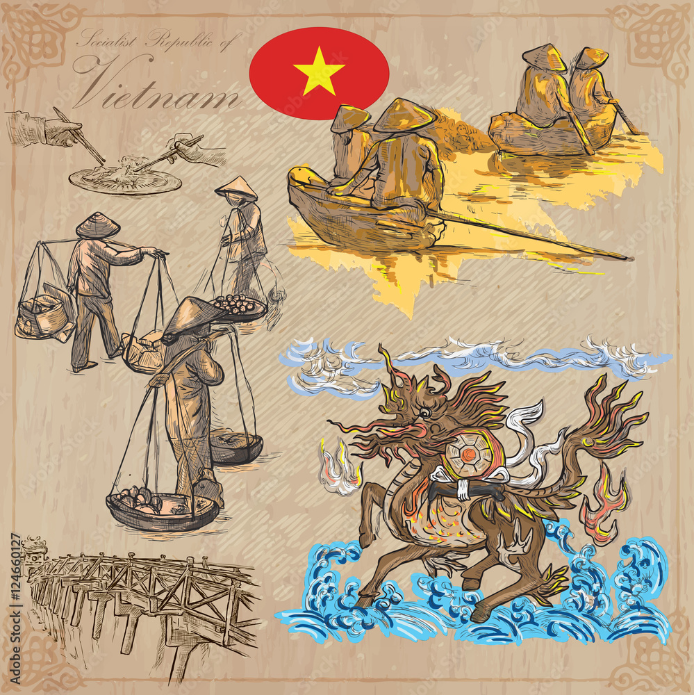 Vietnam. Pictures of Life. Colored vector pack. Hand drawings. Stock ...