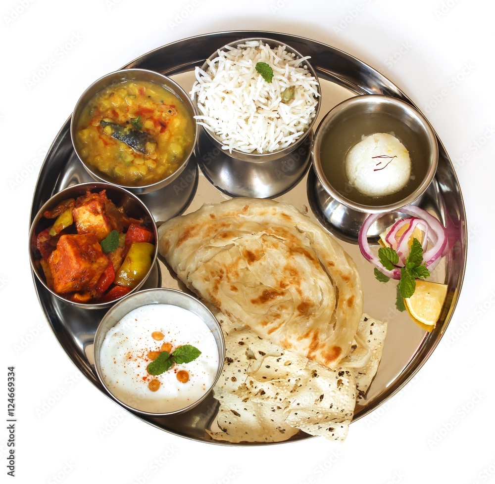 Indian vegetarian Thali isolated on white, top down view Stock Photo ...