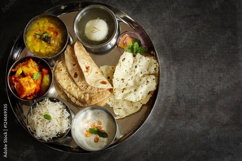 Indian vegetarian Thali isolated on white, top down view Stock Photo ...