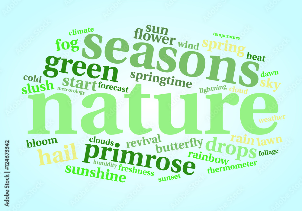 Nature word cloud on gradient blue background. Seasons concept. Vector ...