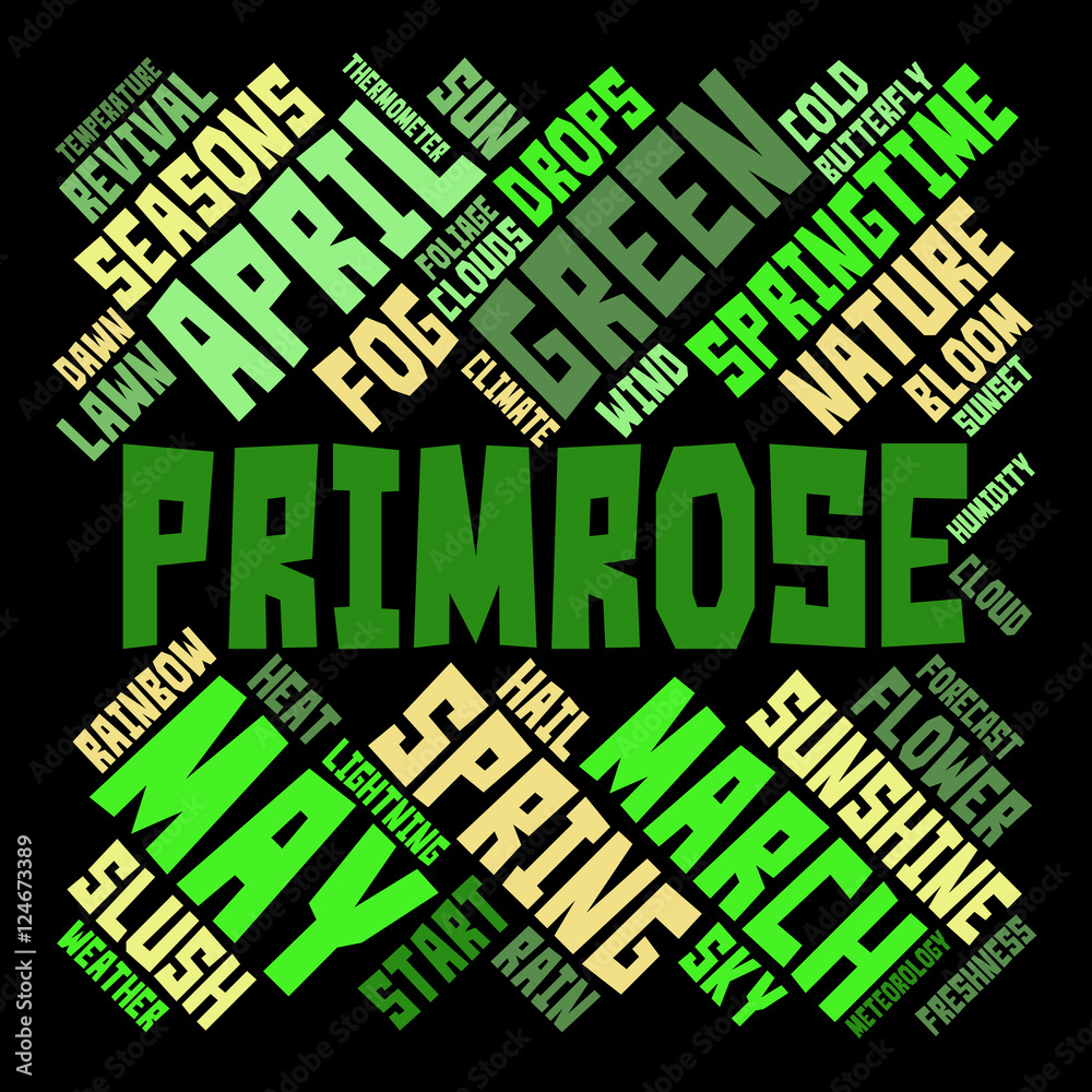 Primrose word cloud in shape of square on black background. Seasons ...